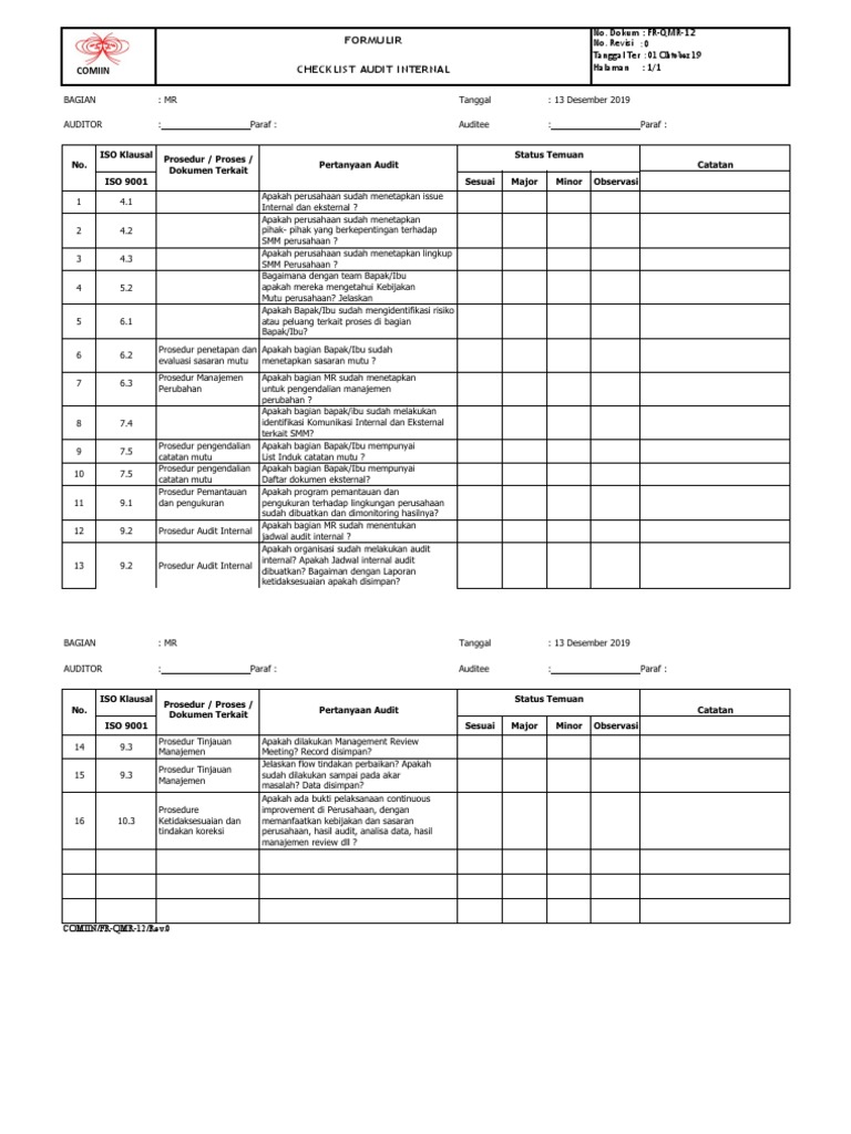 Checklist Internal Audit | PDF