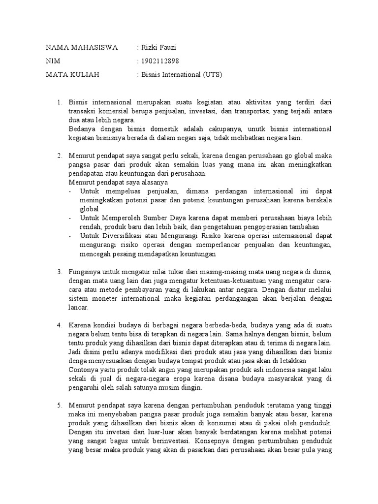 UTS BIsnis International RIZKI FAUZI 1902112898 | PDF | Bisnis | Pengelolaan Keuangan & Uang