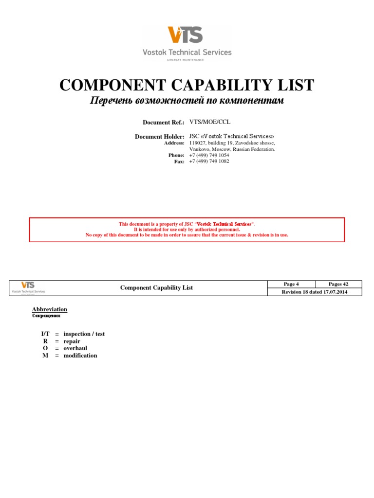 Component Capability List: Document Ref.: VTS/MOE/CCL Document Holder ...