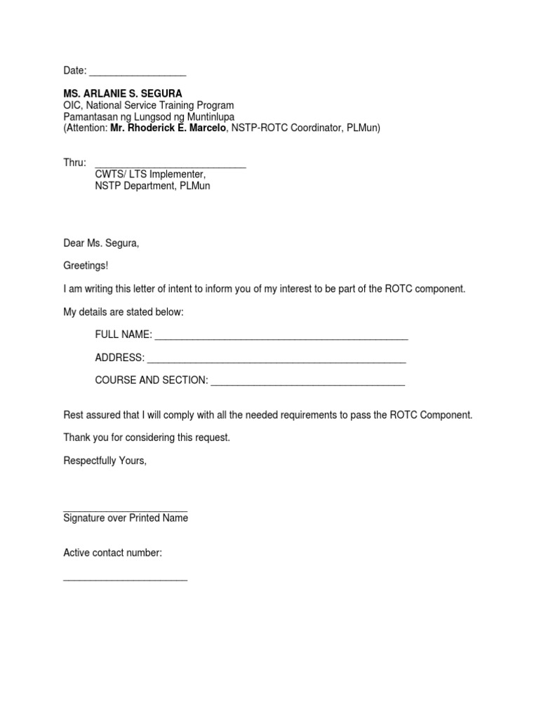 Letter of Intent PLMun ROTC 1 | PDF