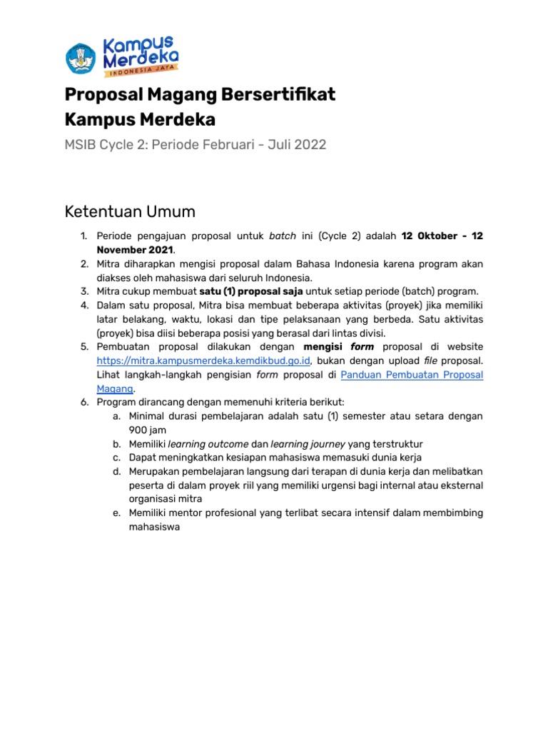 Contoh Proposal Magang Bersertifikat - MSIB Cycle 2 | PDF