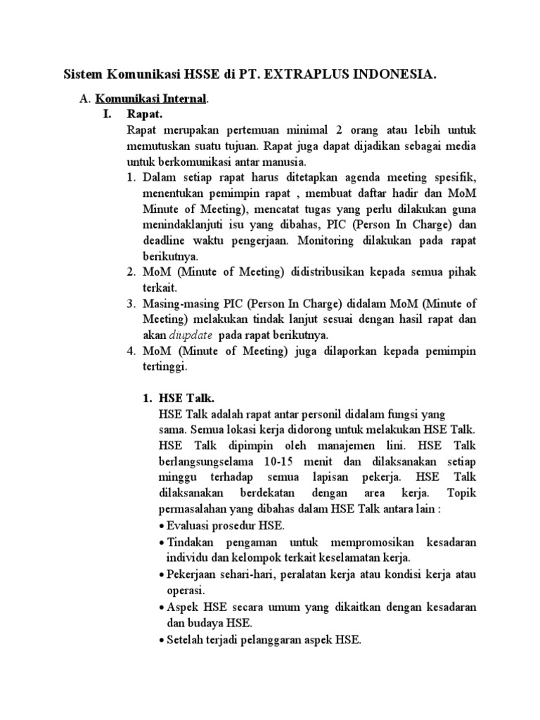 Sistem Komunikasi HSSE di EXTRAPLUS | PDF