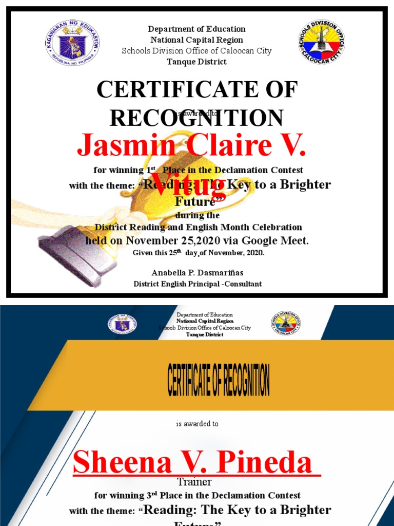 CERTIFICATES Declamation and Character Impersonation | PDF