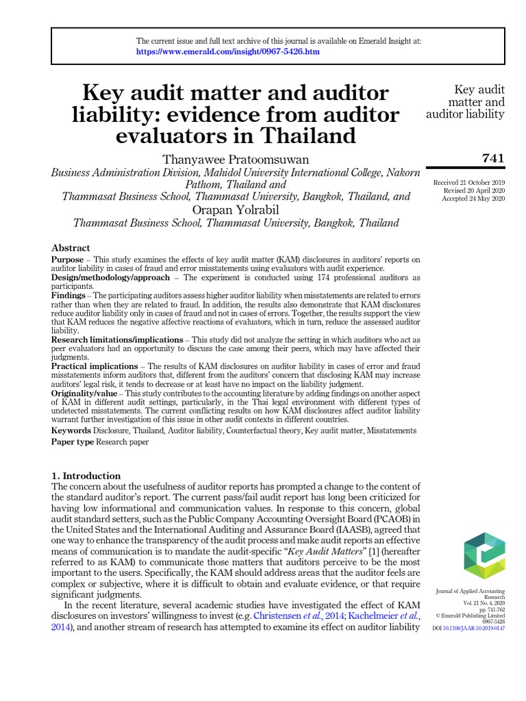 Key Audit Matter and Auditor Liability Evidence From Auditor Evaluators ...