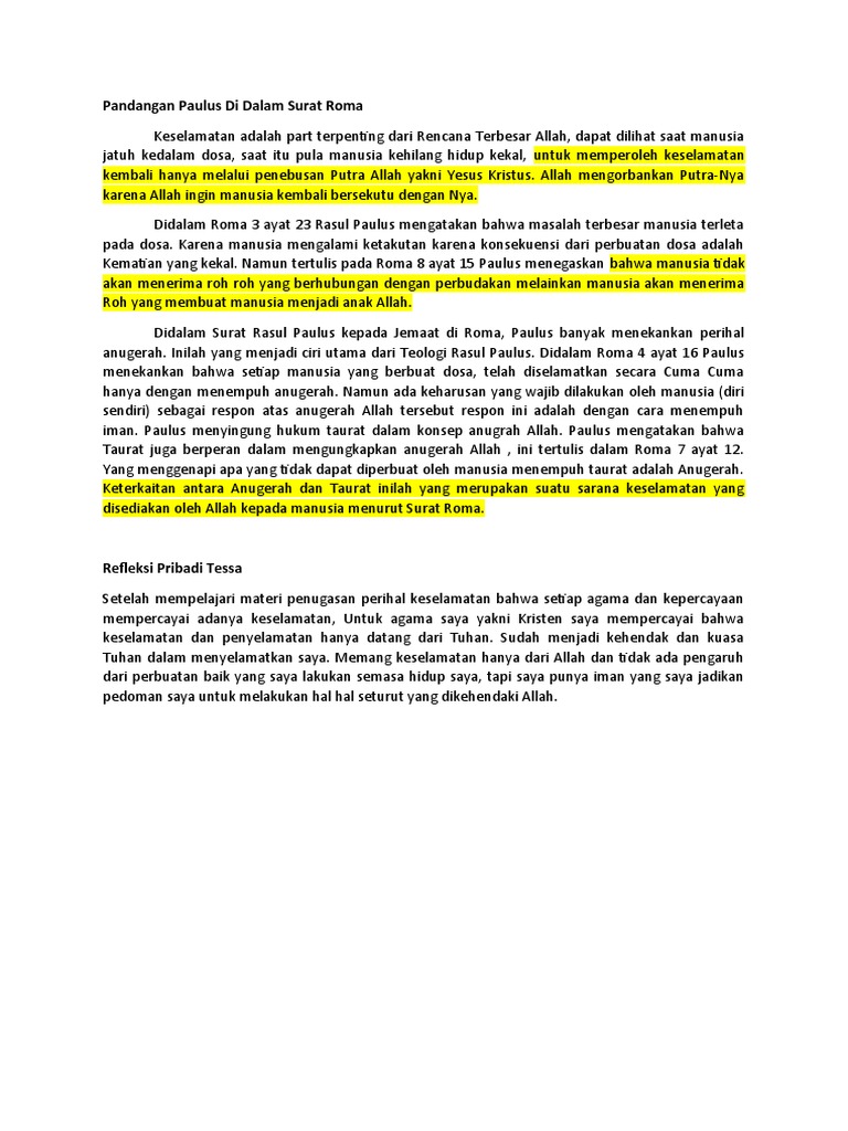 Pandangan Paulus Di Dalam Surat Roma Serta Refleksi Pribadi Tessa | PDF