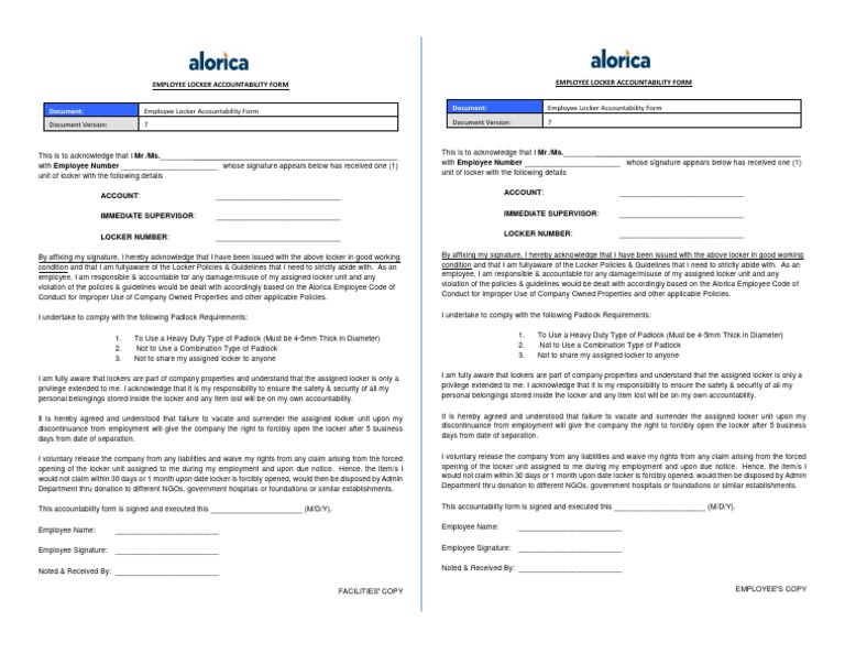 Employee Locker Accountability Form-V. 7 | PDF | Justice | Crime & Violence