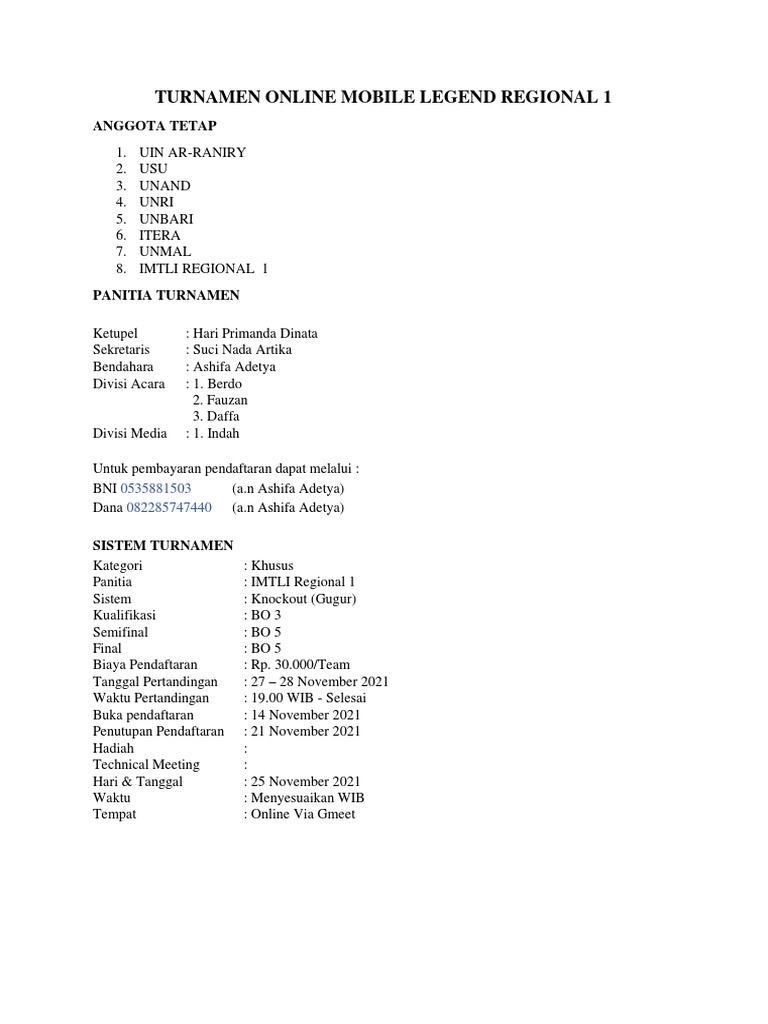 Turnamen Online Mobile Legend Regional 1 | PDF | Olahraga & Rekreasi