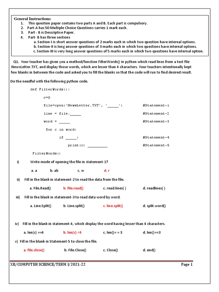 Answer Key Sample Paper 1 Pdf Parameter Computer Programming Subroutine