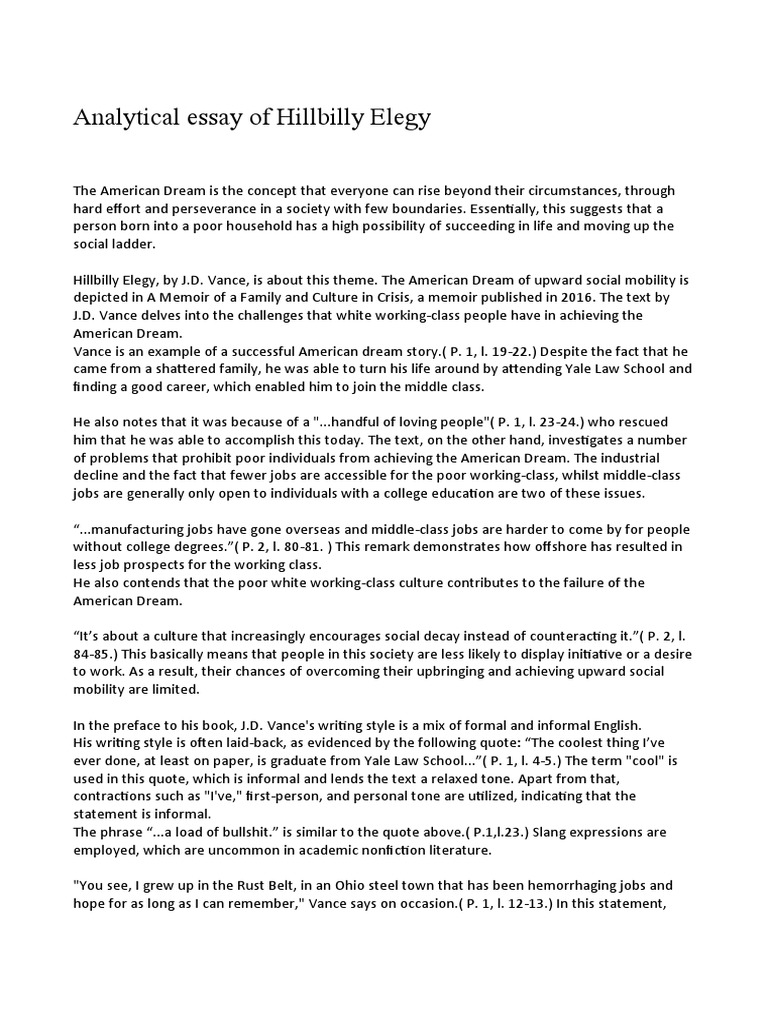 Analytical Essay of Hillbilly Elegy | PDF | American Dream | Poverty