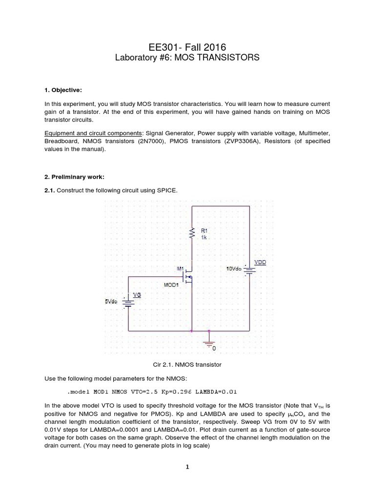 EE301-Fall 2016: Laboratory #6: MOS TRANSISTORS | PDF | Mosfet | Transistor