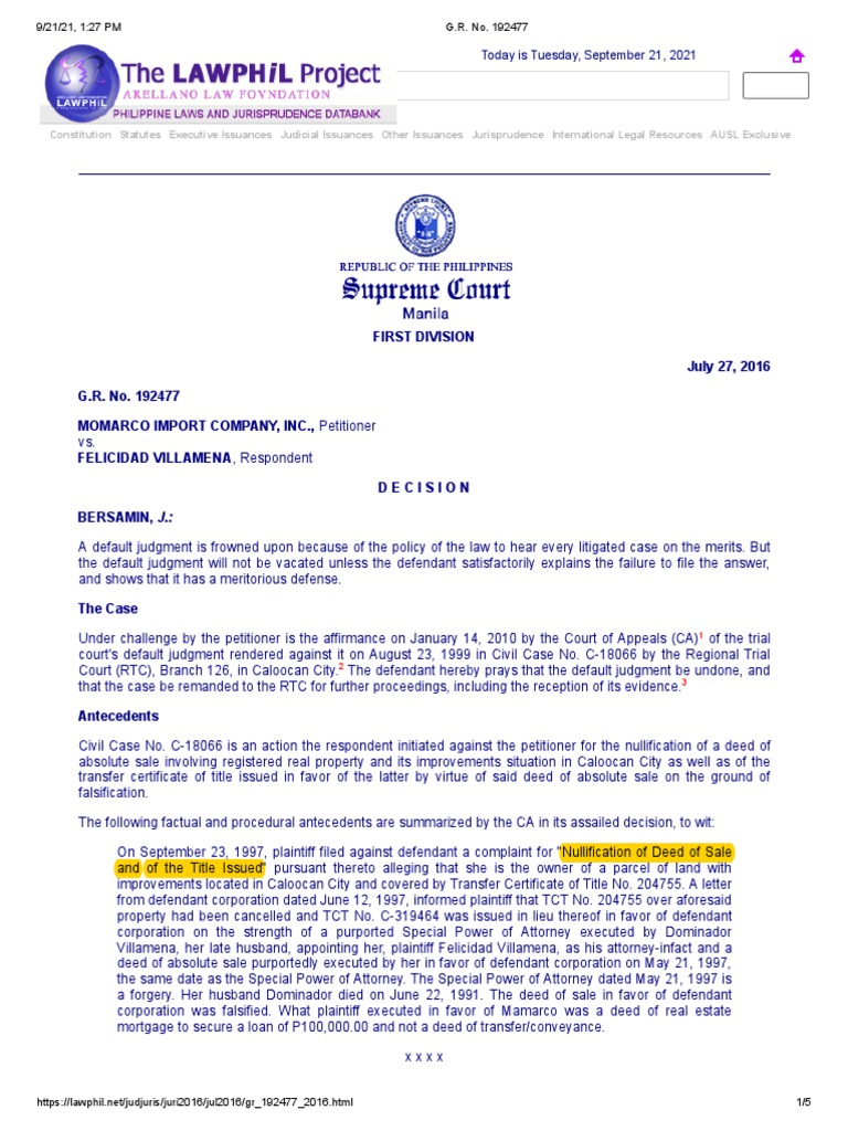MOMARCO V VILLAMENA - Forged Deed of Sale MOTION TO LIFT DEFAULT ...