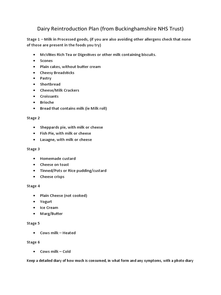 Dairy Reintroduction Plan (From Buckinghamshire NHS Trust) | PDF