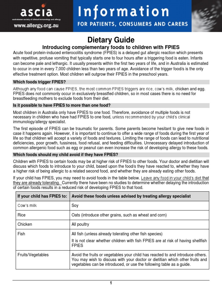 ASCIA PCC Dietary Guide FPIES 2019 | PDF | Allergy | Foods