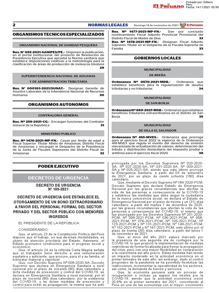 Decreto de Urgencia Que Establece El Otorgamiento de Un Bono Decreto de Urgencia N 105 2021 ...