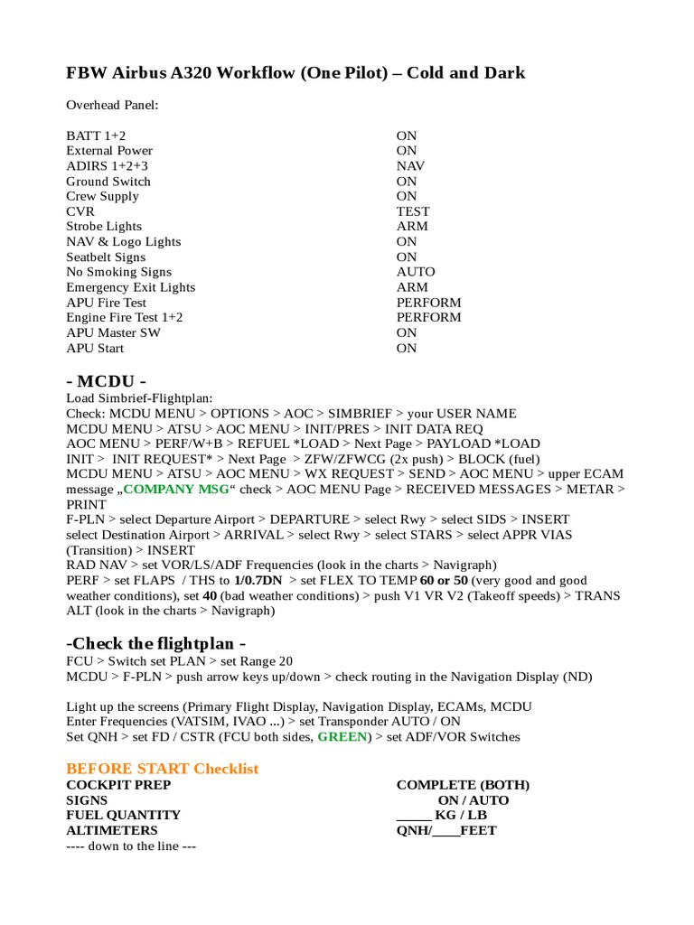 FBW Airbus A320 Workflow (One Pilot) - Cold and Dark: BEFORE START ...