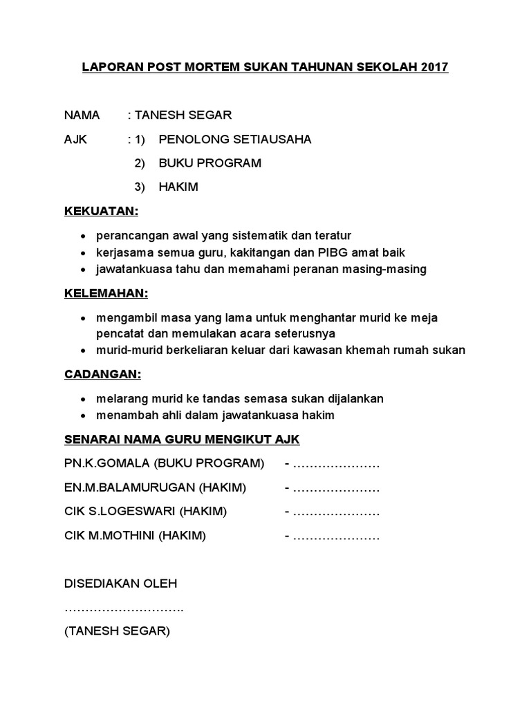 Laporan Post Mortem Sukan Tahunan Sekolah 2017 | PDF