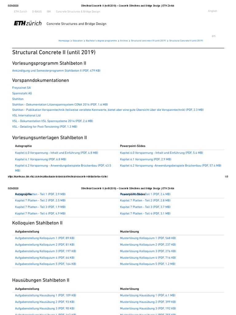 Structural Concrete II (Until 2019) - Concrete Structures and Bridge Design - ETH Zurich | PDF
