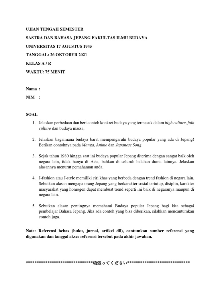 Soal Uts Nihon Taishu Bunka (A-R Class) | PDF