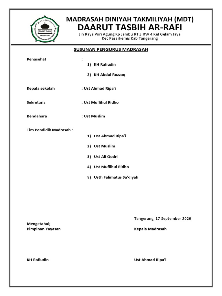 Pengurus Madrasah Takmiliyah Daarut Tasbih Ar-Rafi | PDF
