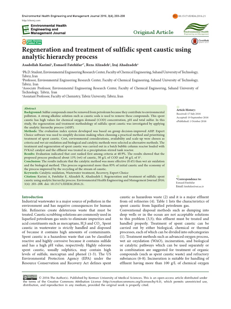 Regeneration and Treatment of Sulfidic Spent Caustic Using Analytic ...