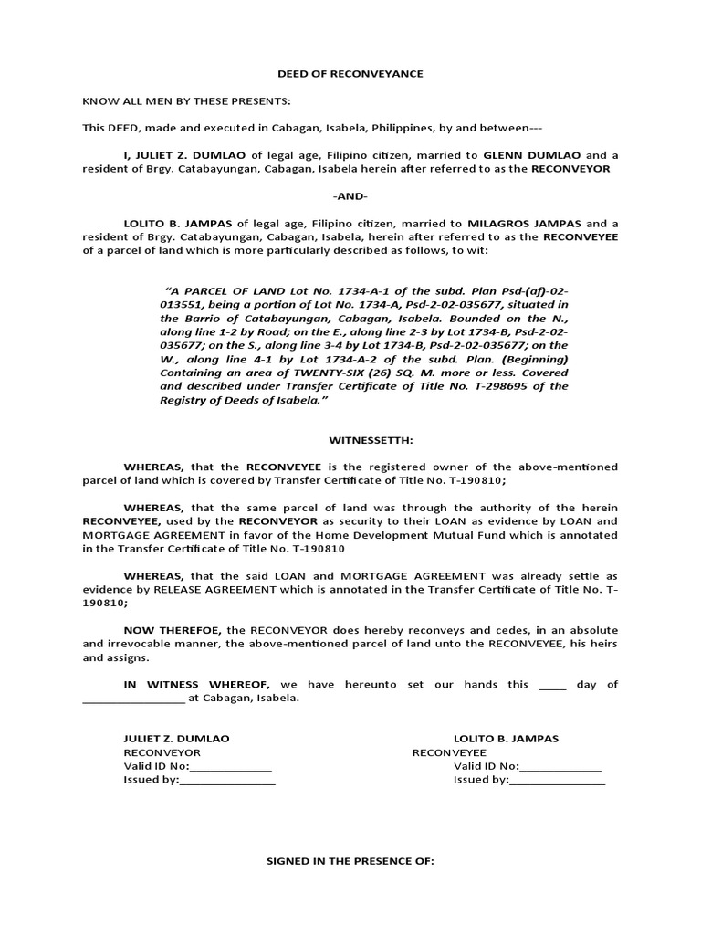Deed of Reconveyance (Juliet Dumlao) | PDF | Notary Public | Real Property Law