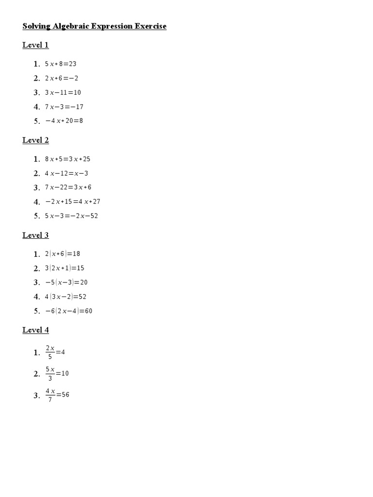 Algebraic Expression Exercises Levels 1-8 | PDF