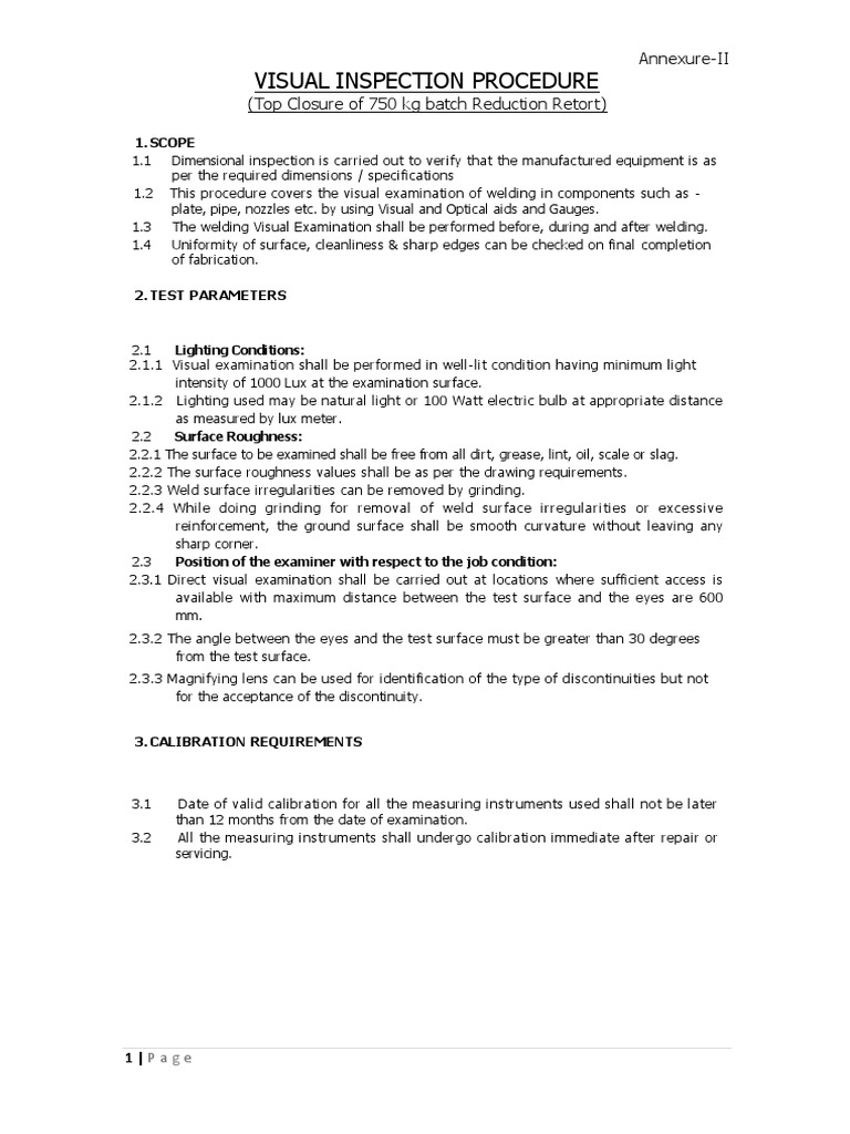 Annexure II Visual Inspection Testing Procedure | PDF | Welding ...