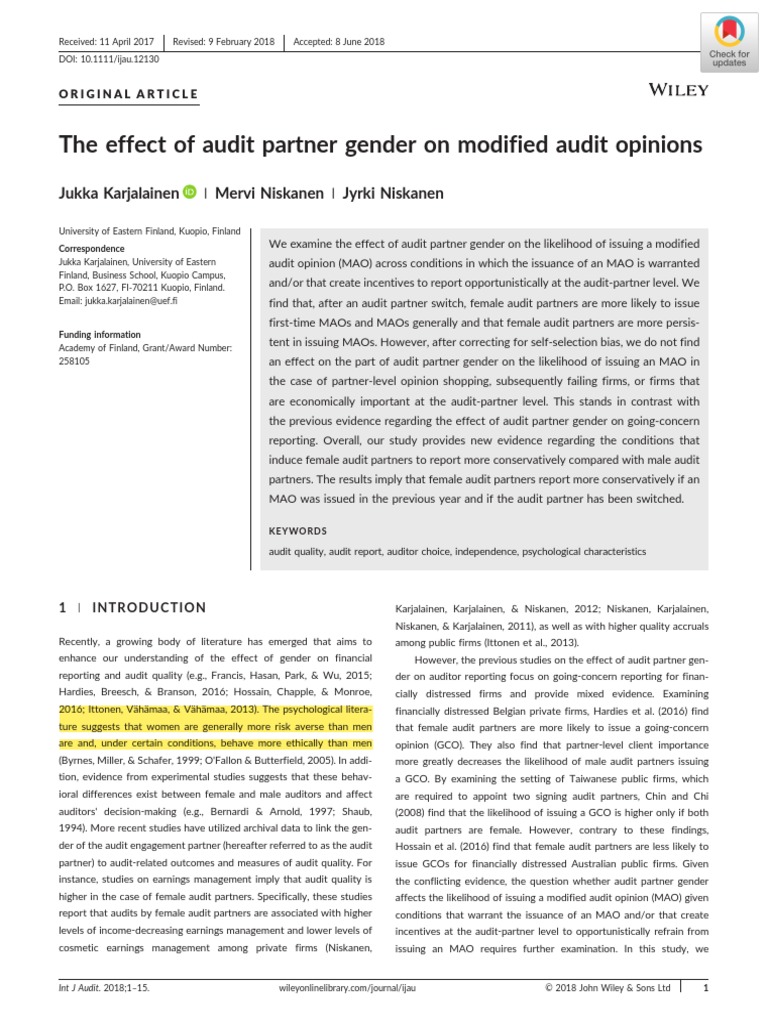 The Effect of Audit Partner Gender On Modified Audit Opinions | PDF ...