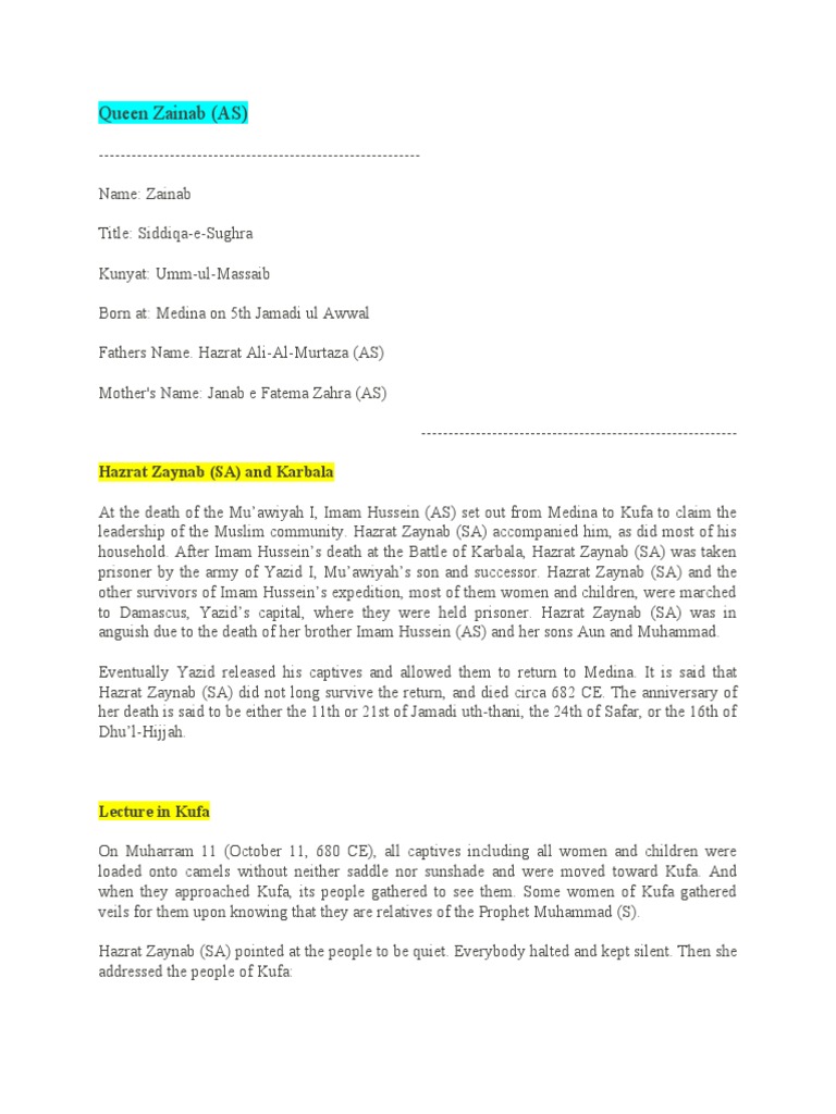 Queen Zainab (AS) : Hazrat Zaynab (SA) and Karbala | PDF | Husayn Ibn ...