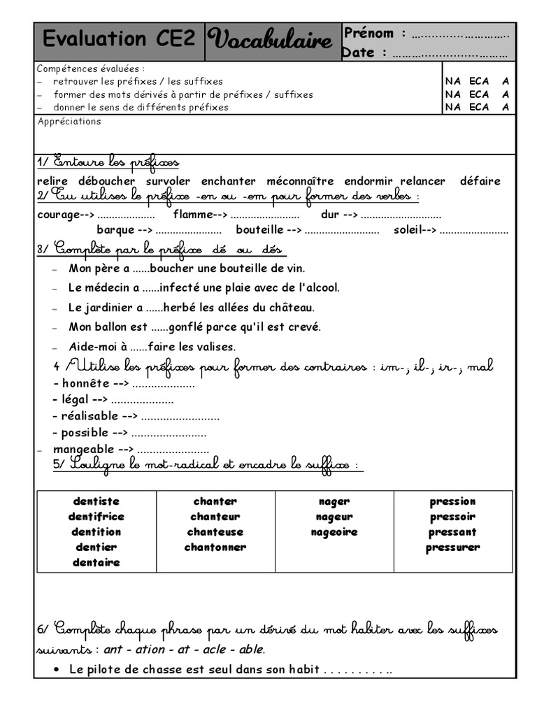 Eval Voc Prefixe Suffixe Syn Anto Homo | Descargar gratis PDF ...