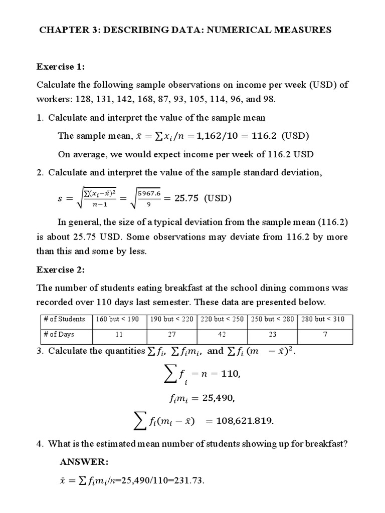 Exercise 1:: Chapter 3: Describing Data: Numerical Measures | PDF | Mean | Median