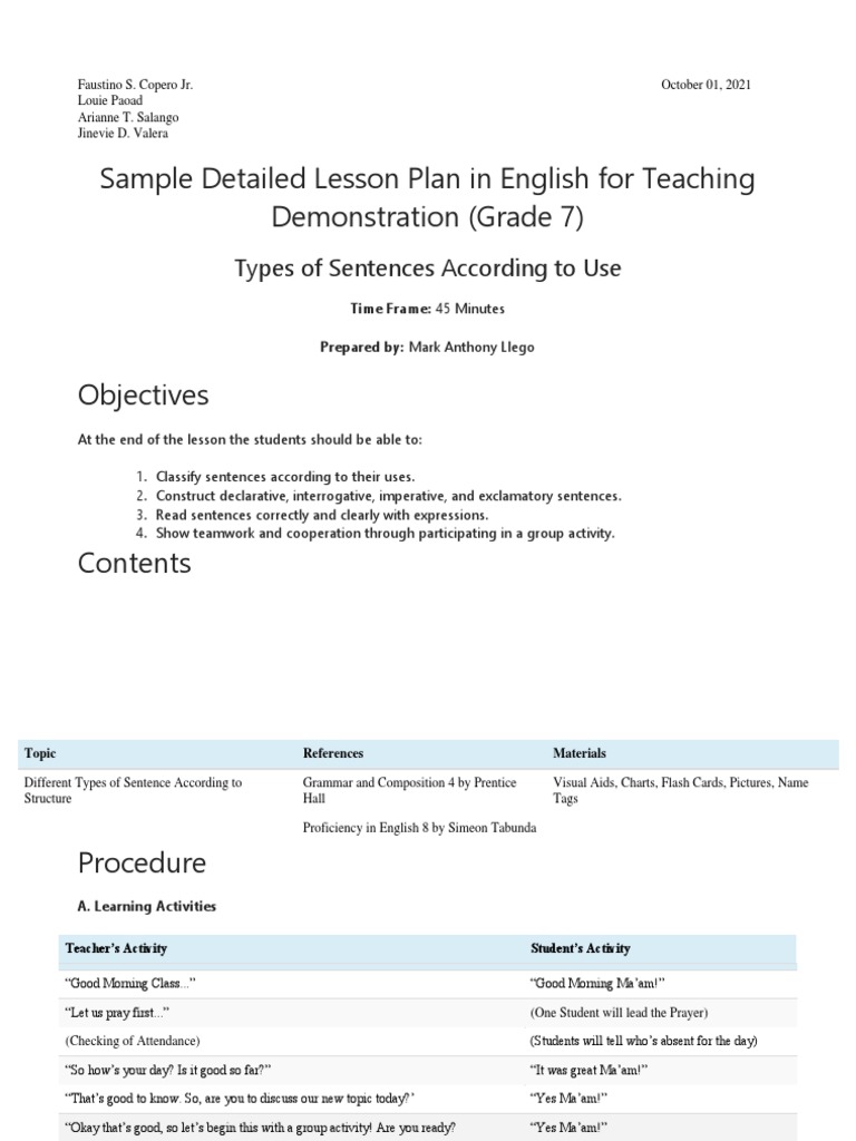 Grade 7 Lesson Plan: Types of Sentences | PDF | Question | Sentence ...