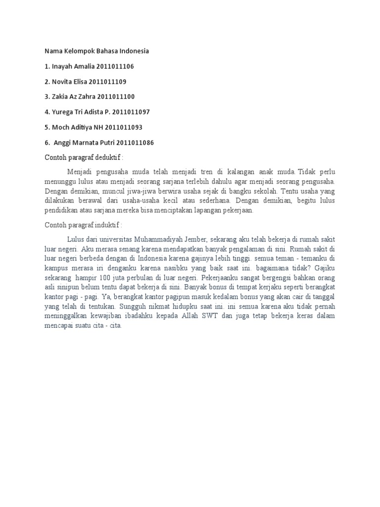 Contoh Paragraf Deduktif Dan Induktif Bindo | PDF