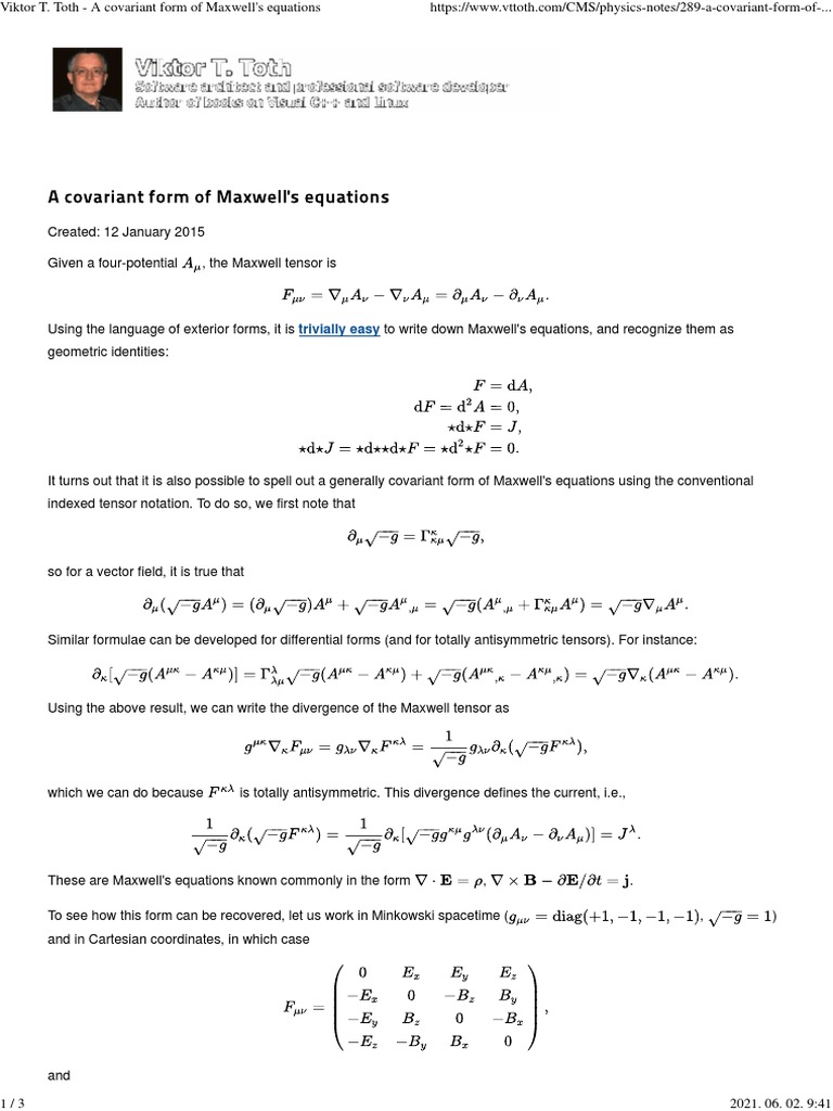Viktor T. Toth - A Covariant Form of Maxwell's Equations | PDF | Tensor ...