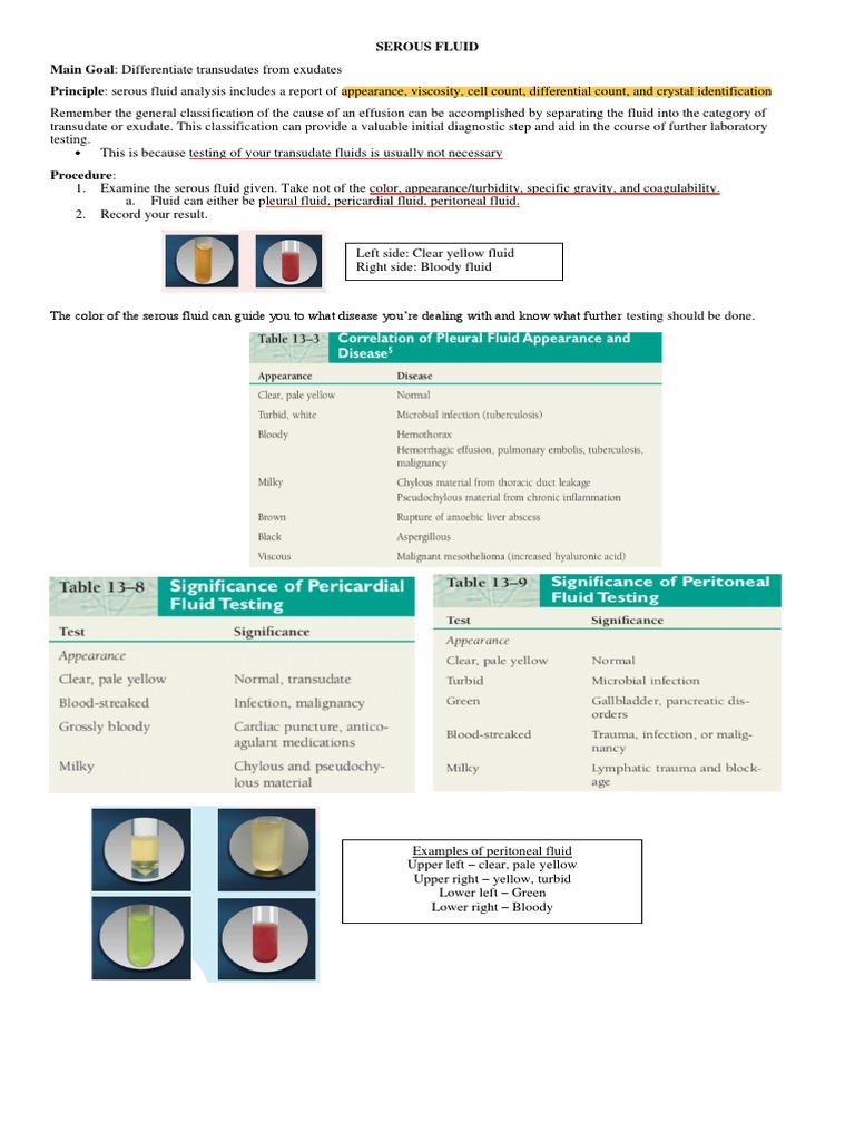 Serous Fluid Color Clinical Microscopy: Serous Fluid | PDF | Medical