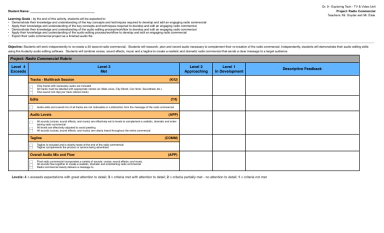Tij1o0 Radio Commercial Project Rubric Single Point v2 | PDF | Sound ...