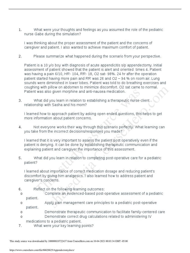 Post-Operative Care for a Pediatric Patient with Acute Appendicitis: A ...