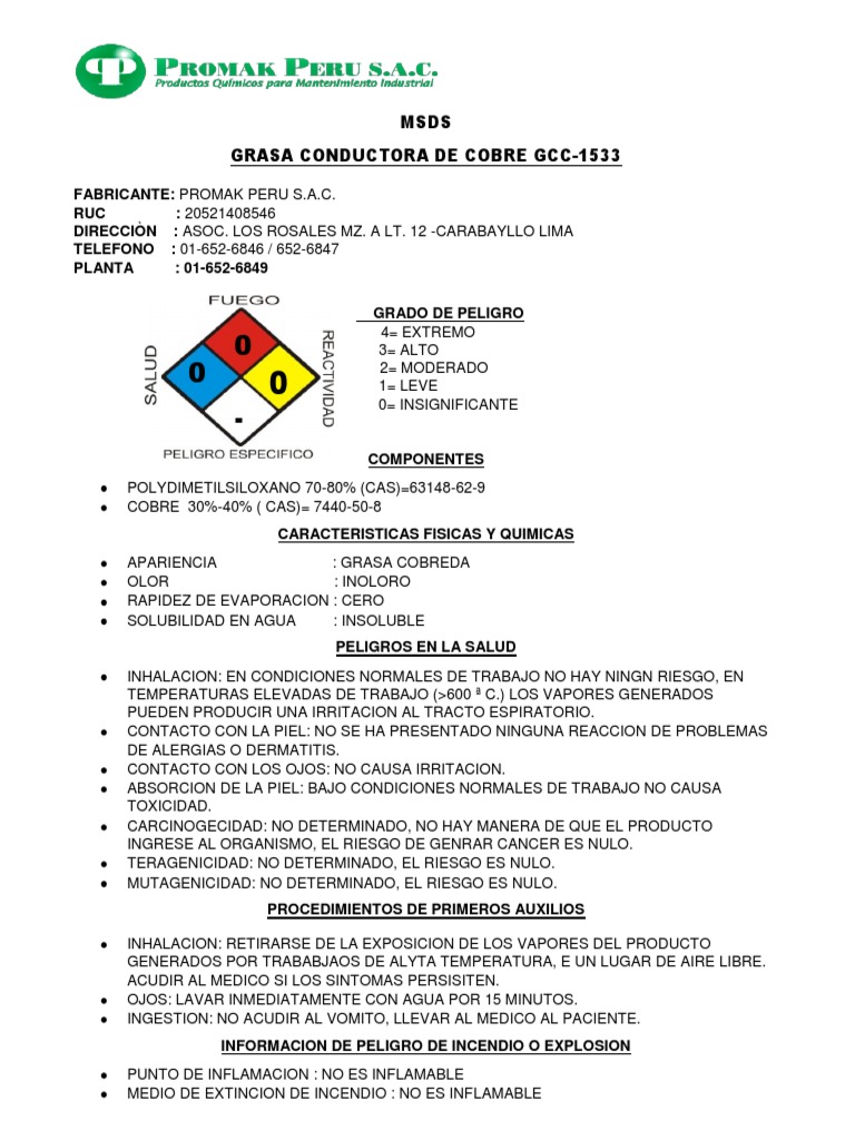 Msds GRASA CONDUCTORA COBRE 1533 | PDF | Sustancias químicas | Materiales