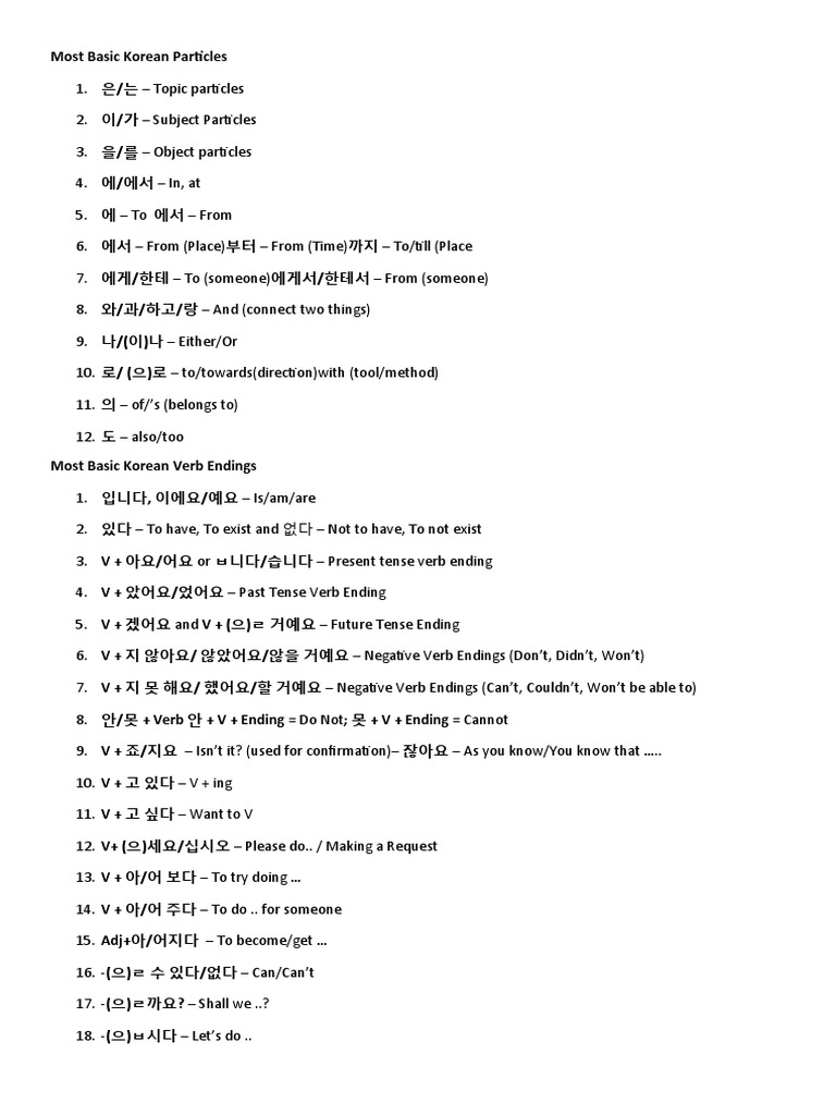 Most Basic Korean Particles | PDF