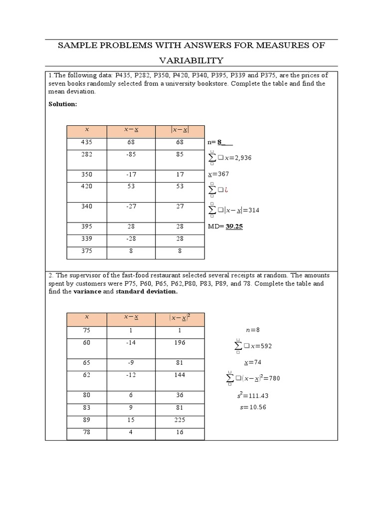 Sample Problems With Answers For Measures of Variability | PDF ...