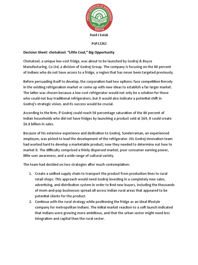 Chotukool: Affordable Fridge for India | PDF | Business | Finance ...