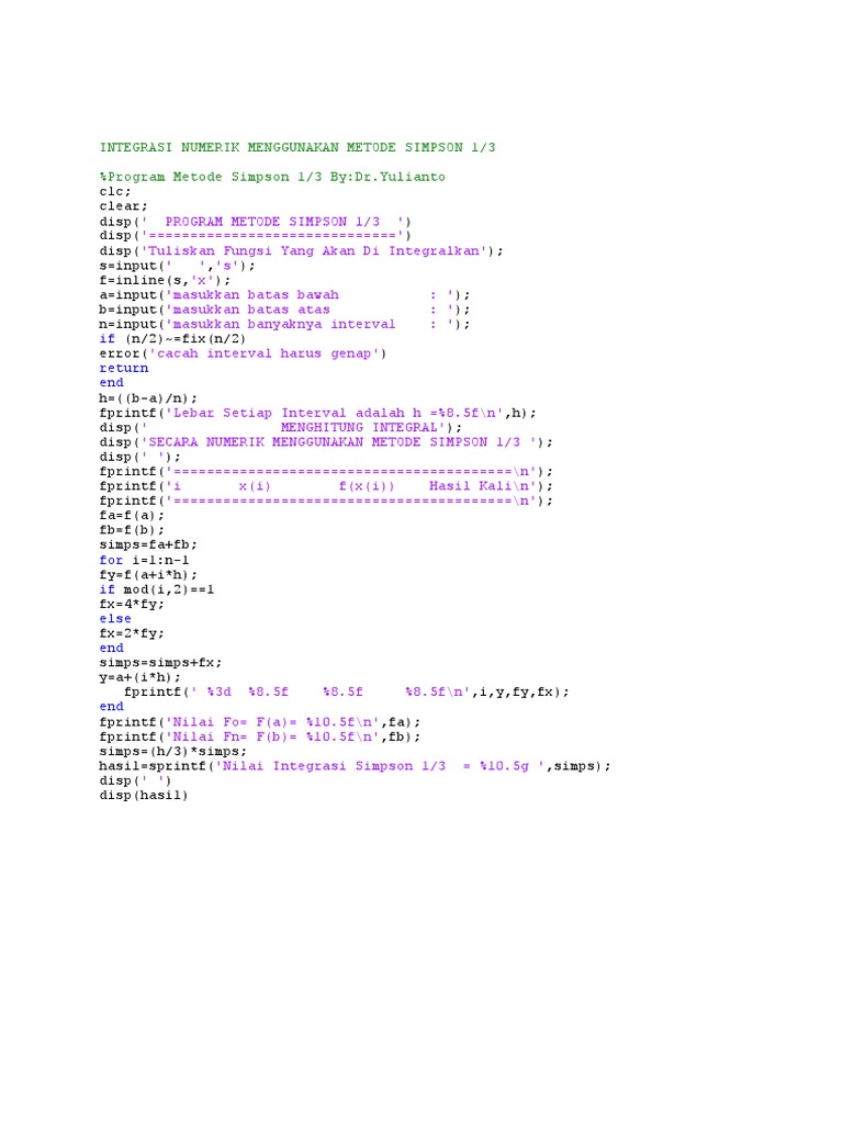 Syntax Matlab Metode Simpson 1 - 3 | PDF