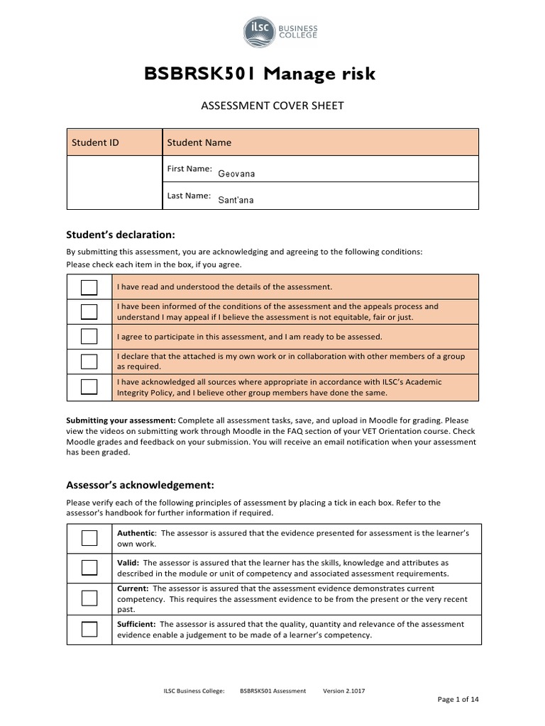 BSBRSK501 Manage Risk: Assessment Cover Sheet | PDF | Risk Management ...