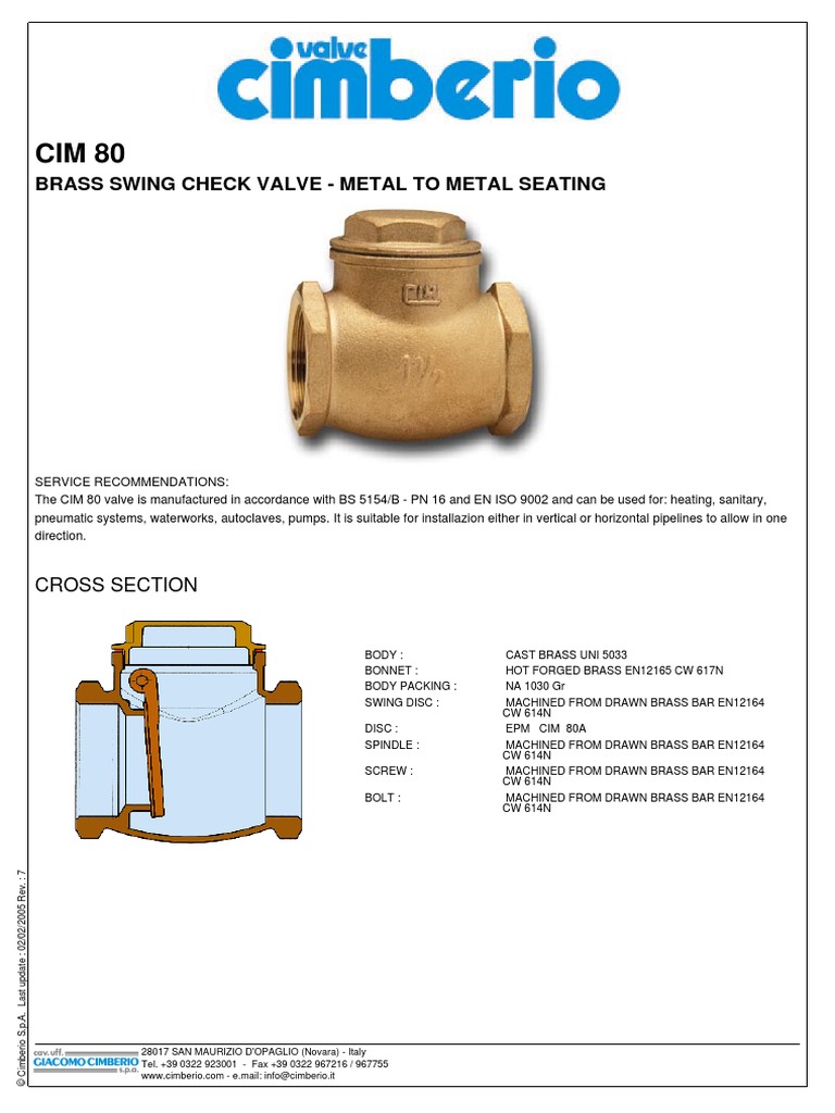 CIMBERIO Valv Check CIM-80 | PDF | Valve | Mechanical Engineering