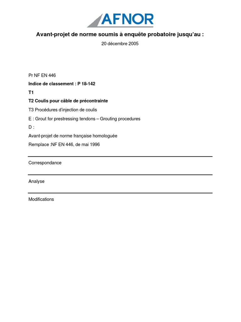 PR NF EN 446 - Décembre 2005 | PDF | Prestressed Concrete | Specification (Technical Standard)