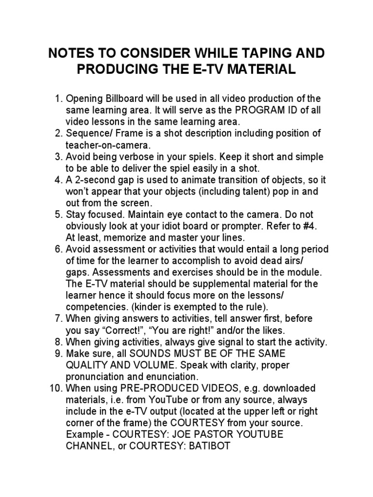 Notes To Consider While Taping and Producing The Etv | PDF | Video ...