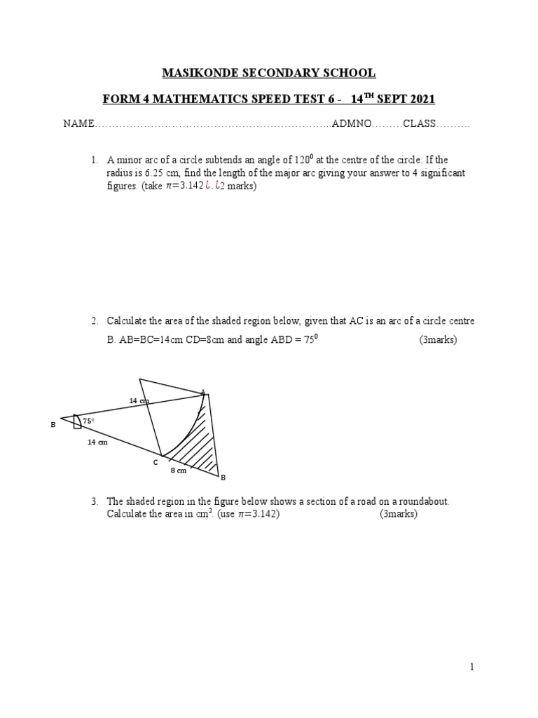 Masikonde Secondary School Form 4 Mathematics Speed Test 6 - 14 SEPT ...