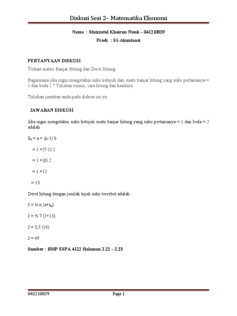 Maizzatul Khoirun Nisak - Diskusi Sesi 2 Matematika Ekonomi | PDF