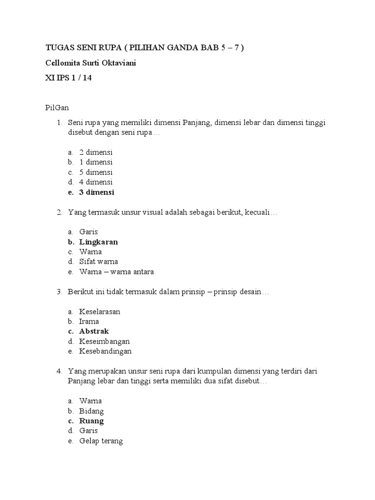 TUGAS SENI RUPA 10 Soal Pilgan Cello 14 | PDF | Seni | Metode & Bahan Ajar