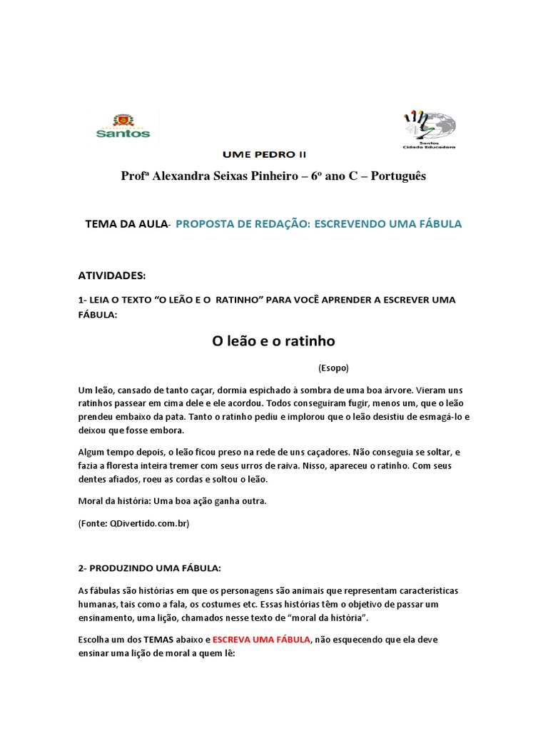 6c - Portugues SD 29-06 A 03-07 Pedro II Producao de Texto - Fabula 6c | PDF | Fábula | Leão